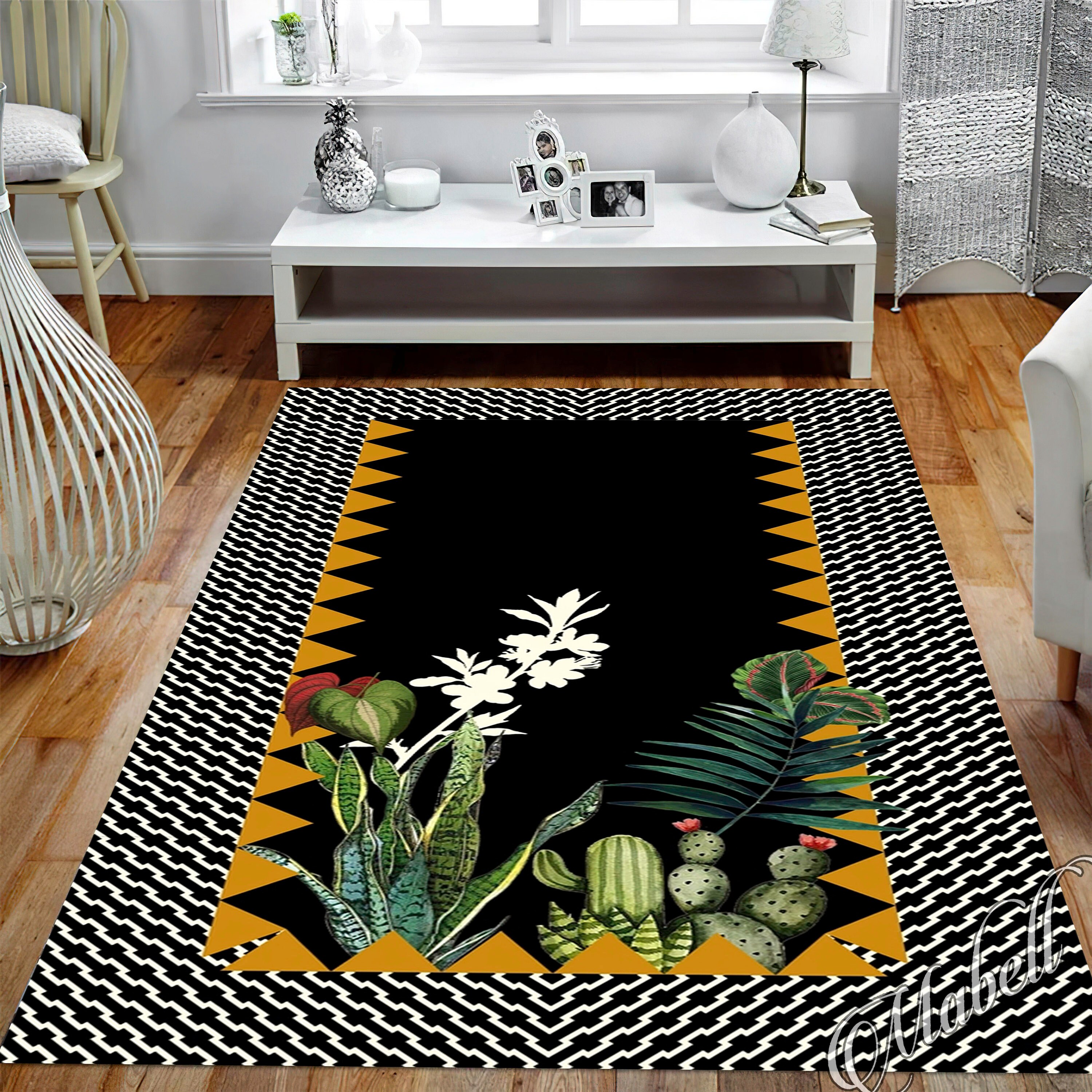 Plants Rug, Plants With Checked Border Pattern Nonslip Area Rug, Floral ...