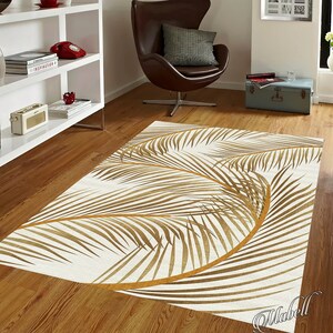 Tropical Rug, Palm and Leaves Themed Nonslip Area Rug, Gold Leaves ...