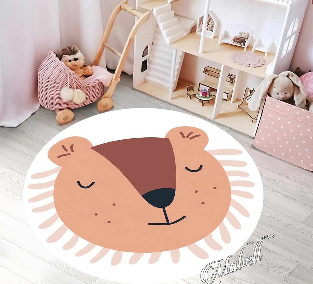 Lion Nursery Round Rug, Cute Lion Head Themed Nonslip Area Rug, Animal ...