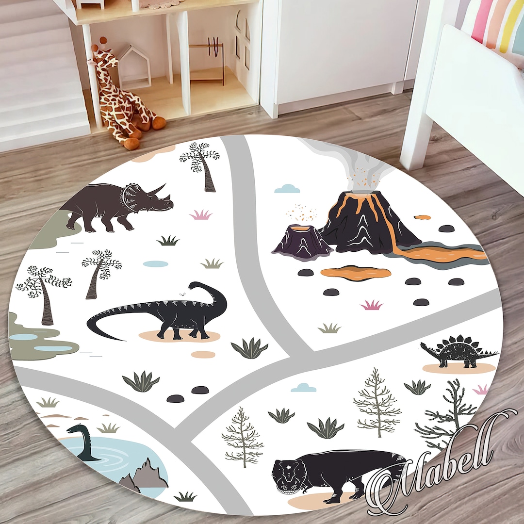 Dinosaurs Rug, Volcano Mountain Dinosaurs Themed Nonslip Rug, Road ...