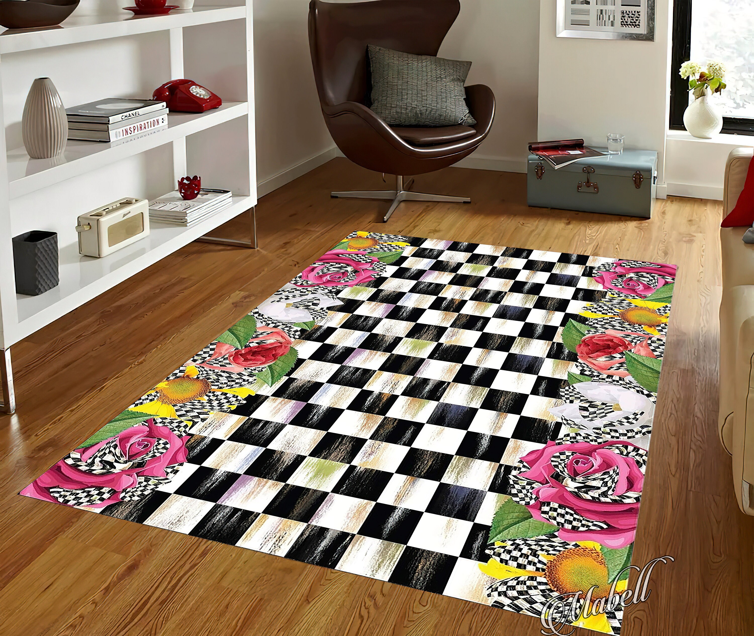 Checked Rug, Checked Pattern on Flowers Themed Nonslip Area Rug, Aging ...