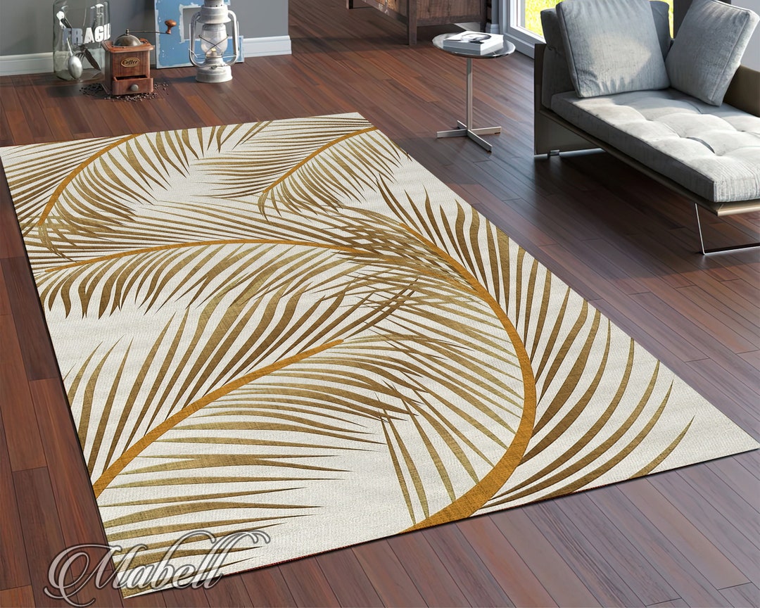Tropical Rug, Palm and Leaves Themed Nonslip Area Rug, Gold Leaves ...