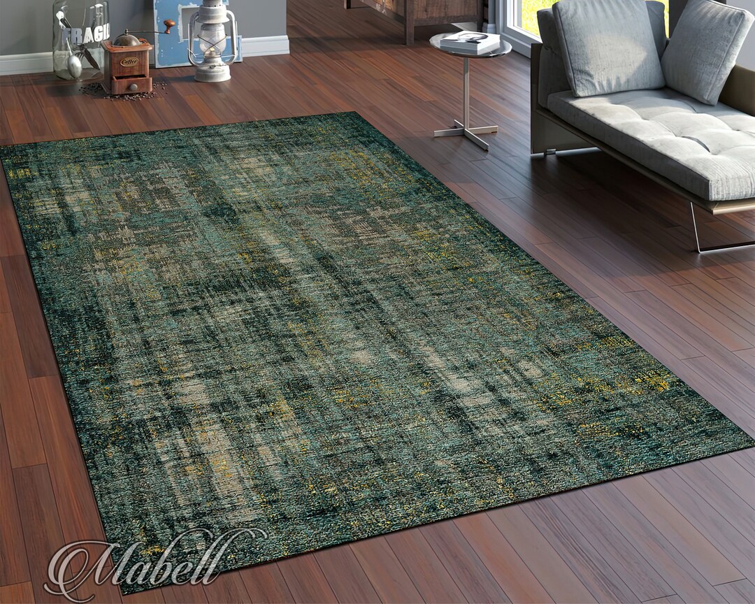 Grunge Rug, Green Grunge Worn Style Pattern Nonslip Area Rug, Green and ...