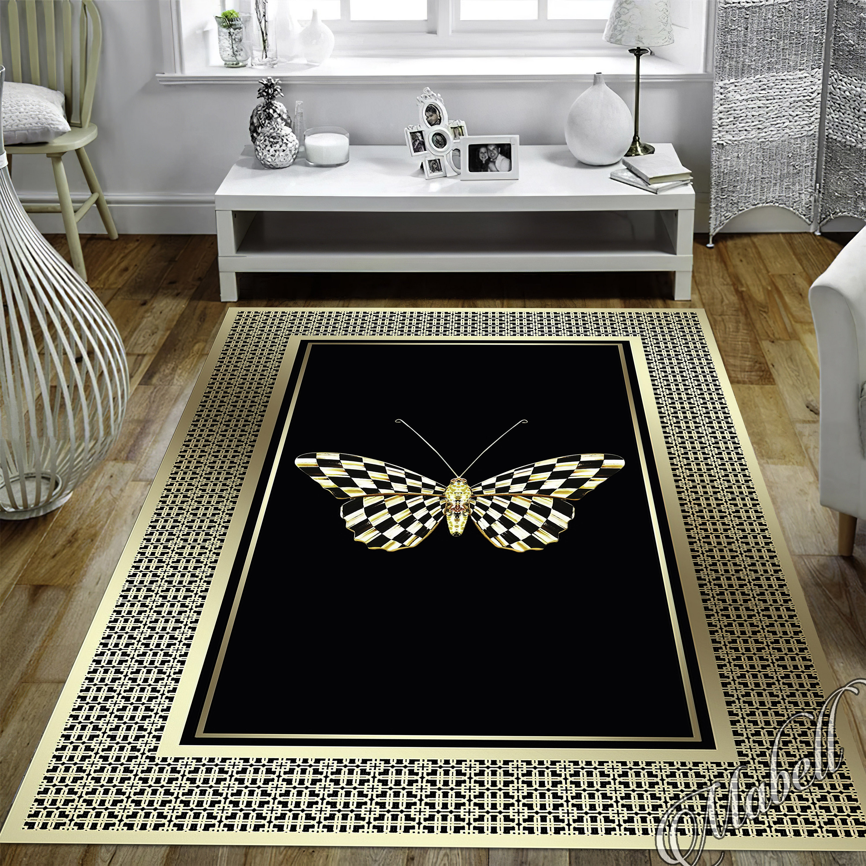 Butterfly Rug, Butterfly Check Pattern Nonslip Area Rug, Gold Border ...