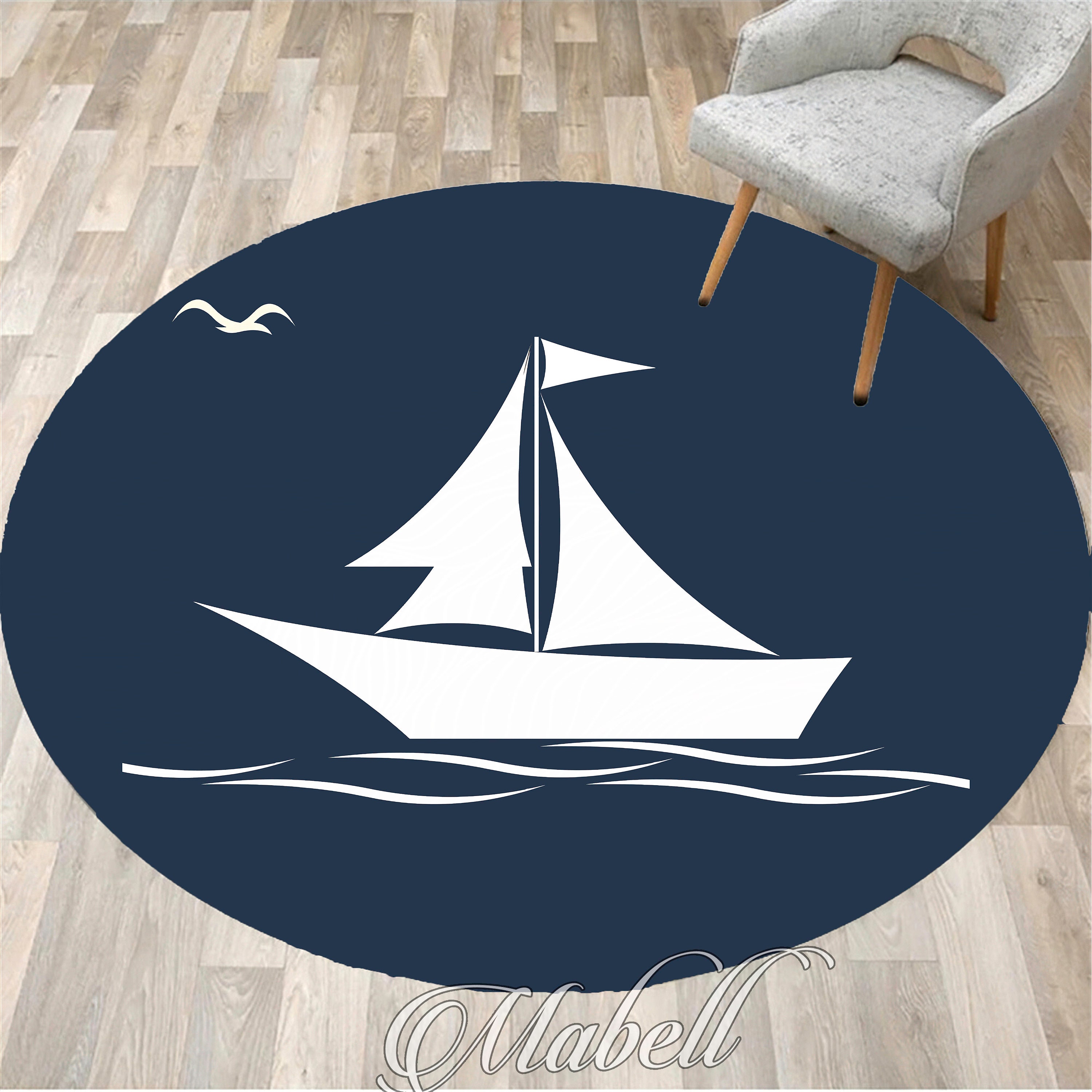 Boat Round Rug, Sailing Boatthemed Round Nonslip Area Rug, Blue White ...