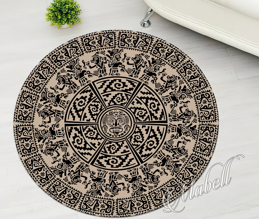 Maya Rug, Maya Culture Zodiac Themed Round Nonslip Area Rug, Black and ...