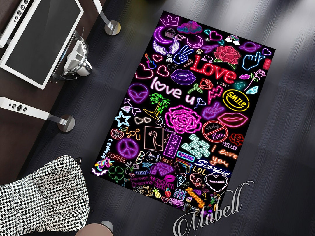 Colorful Neon Words Themed Nonslip Area Rug Graffiti Art Rug - Etsy