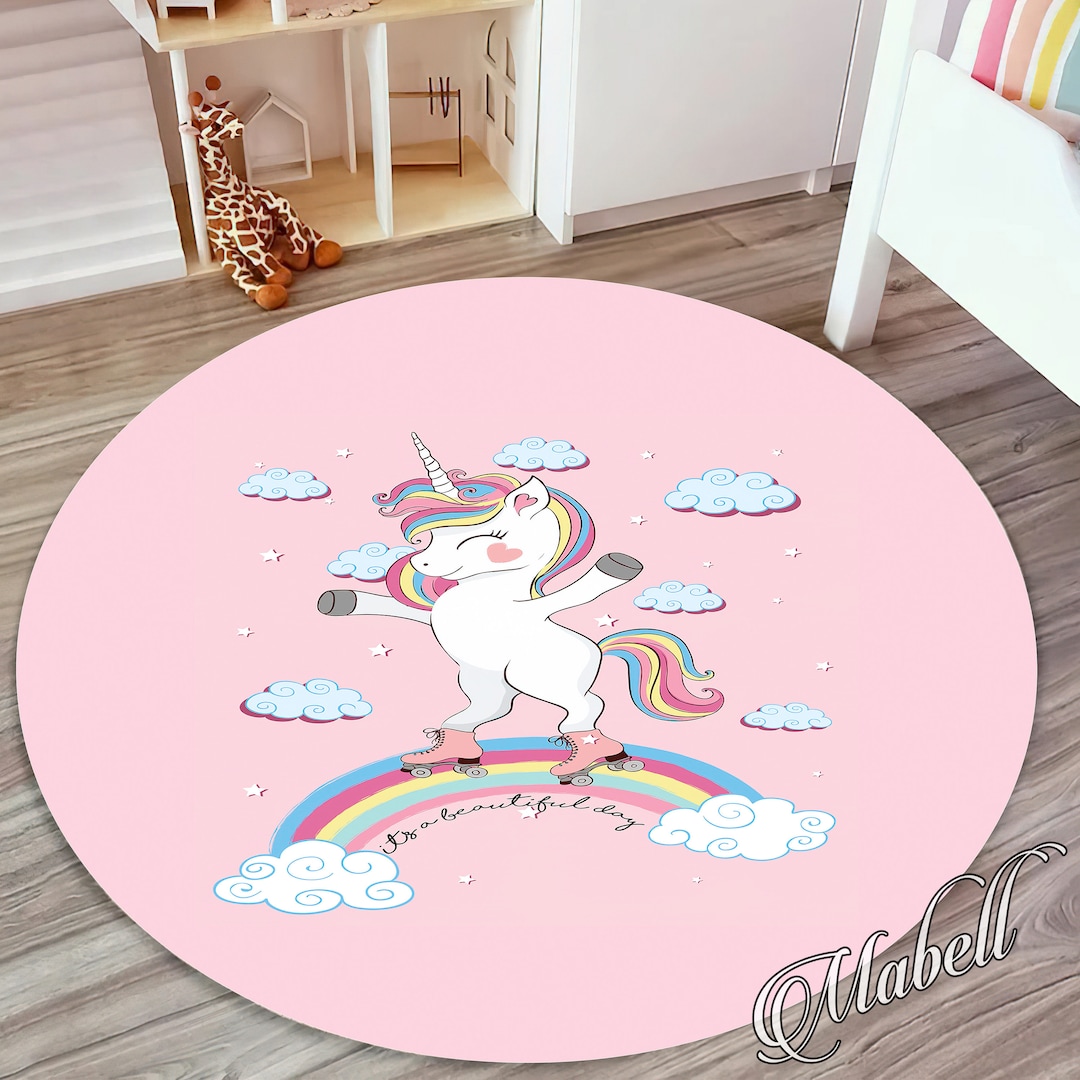 Unicorn Round Rug, Horse Rainbow Themed Nonslip Rug, Pink Rug for Girls ...