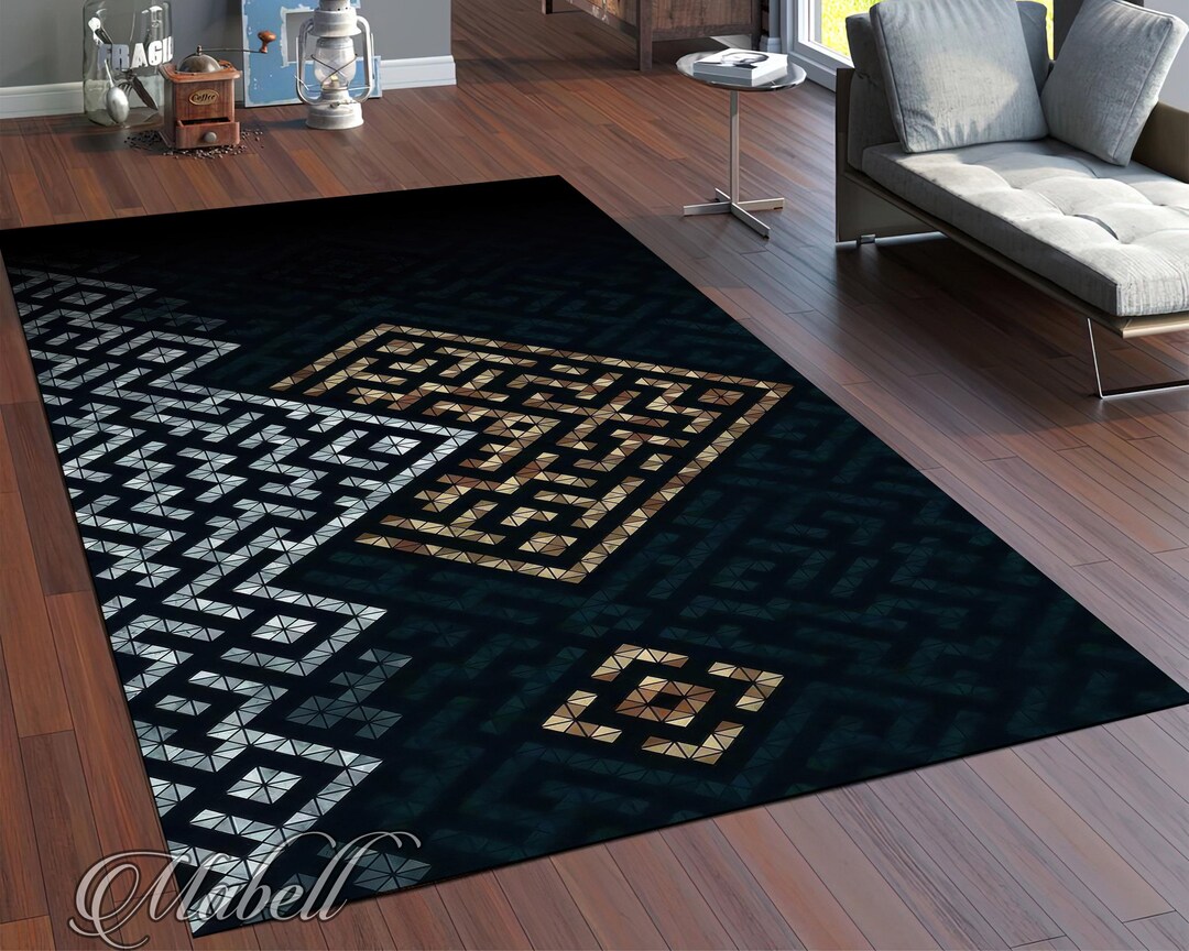 Geometric Greek Key Pattern Rug | Washable Non-slip Floor Mat | Navy ...