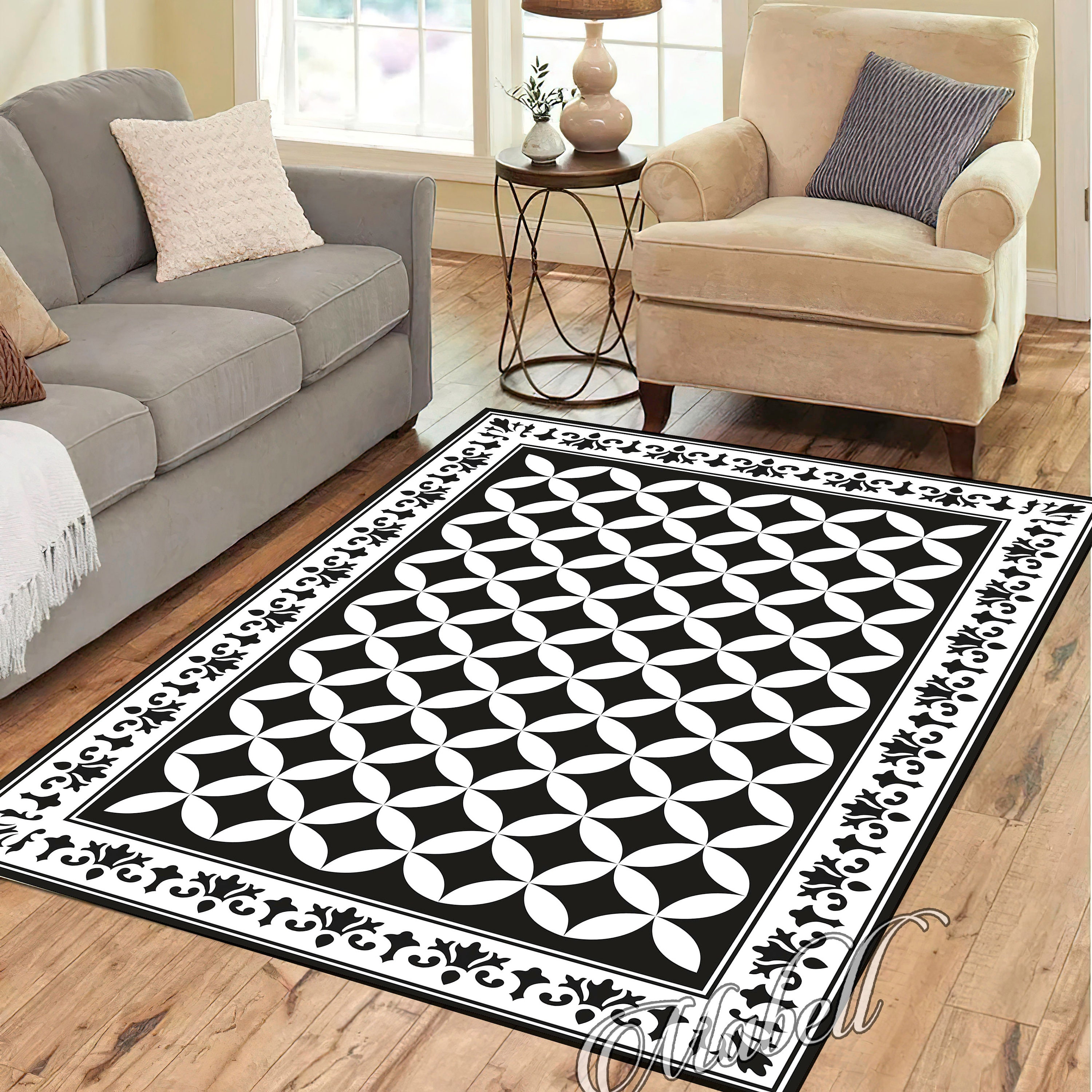 Border Rug Black White Border Geometric Pattern Nonslip Area - Etsy