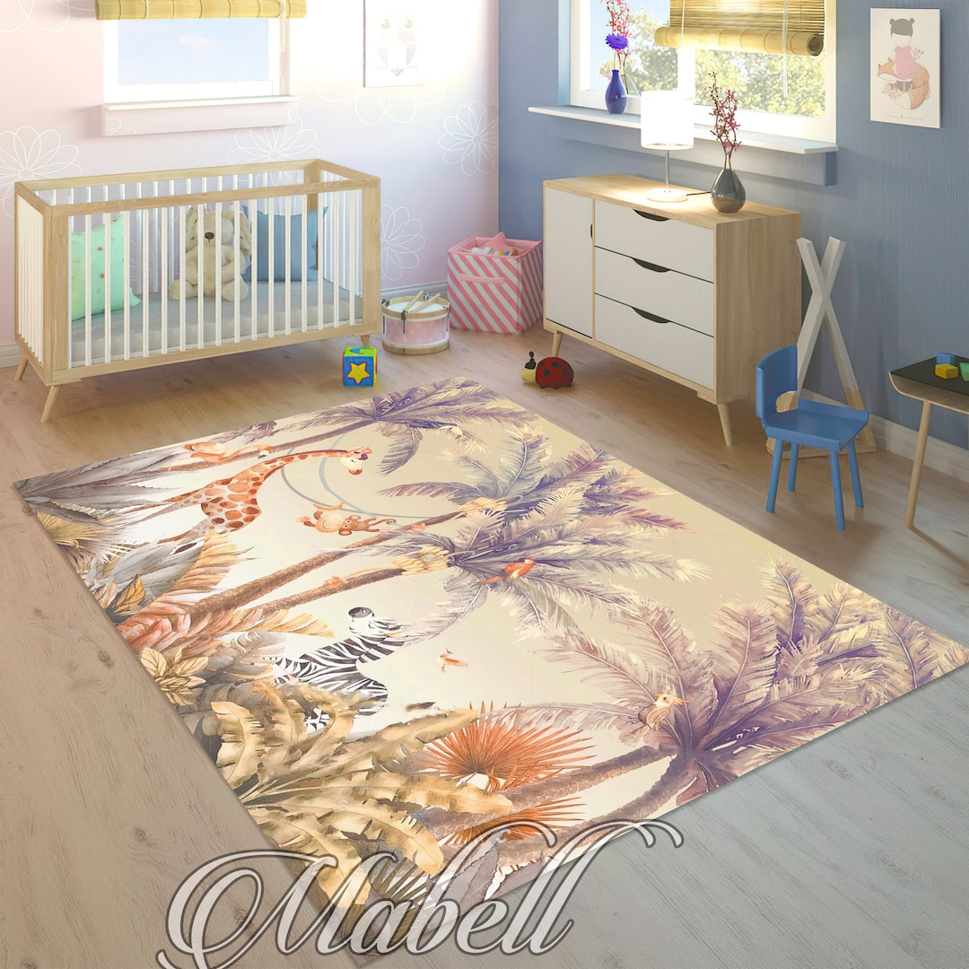 Zoo Animals Rug, Zoo Rug, Giraffe Monkey Parrot Nonslip Area Rug, Kids ...