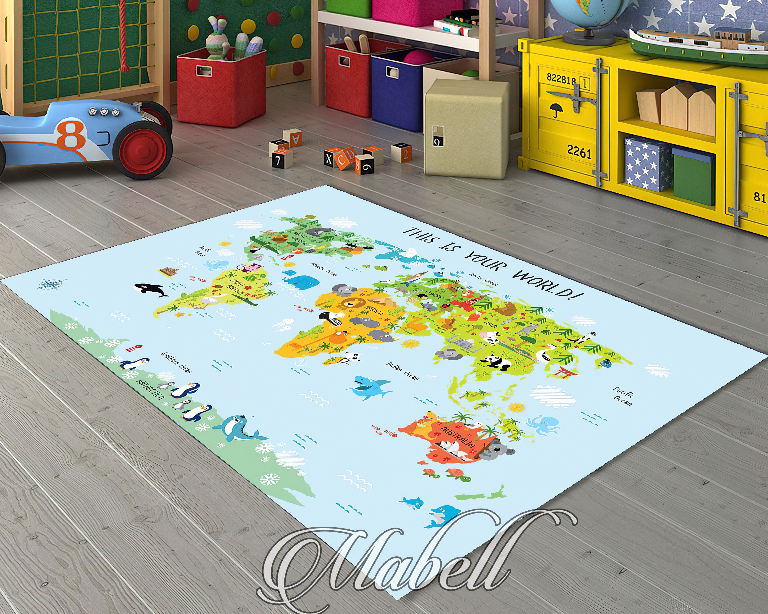 World Map Kids Education Rug World Map Animals Themed Nonslip - Etsy UK