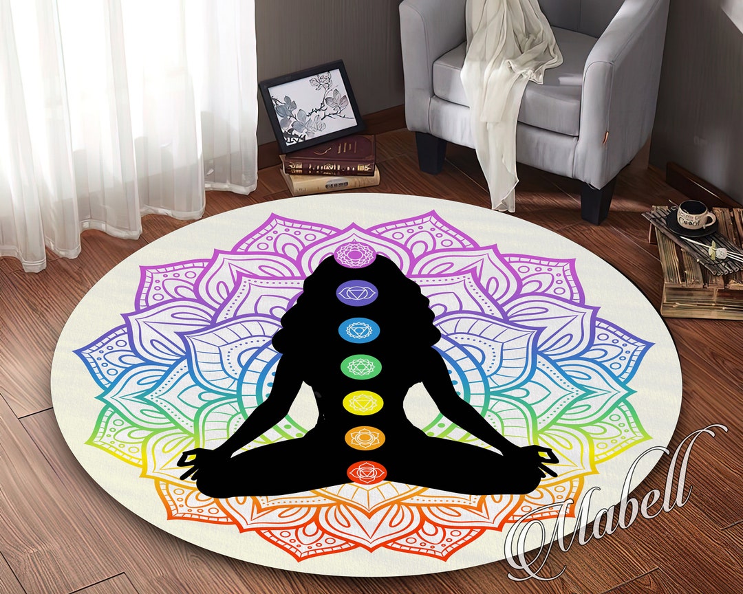 Yoga Round Meditation Rug, 7 Chakra Meditation Themed Nonslip Area Rug ...