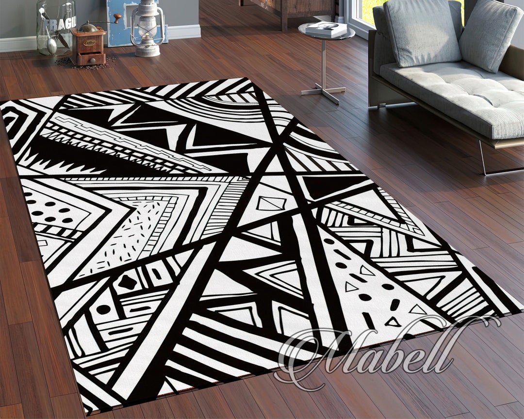 Black White Doodle Drawing Rug, Geometric Pattern Nonslip Area Rug ...