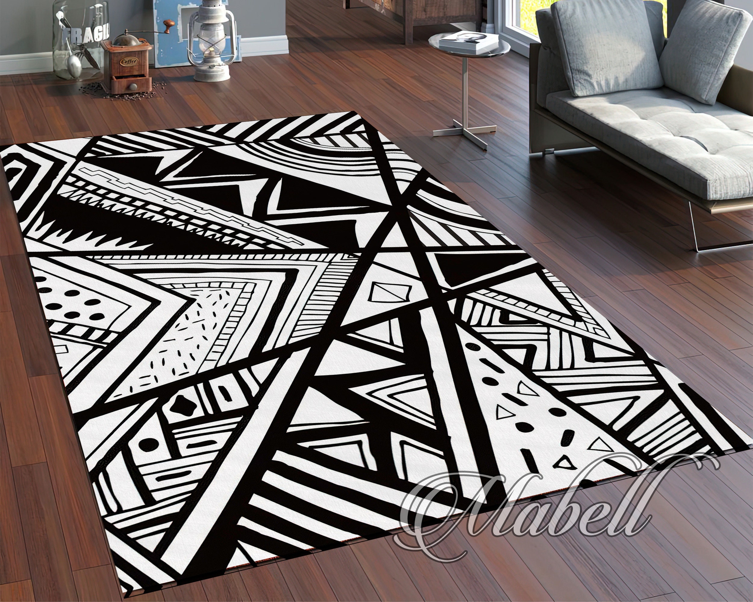 Black White Doodle Drawing Rug, Geometric Pattern Nonslip Area Rug ...