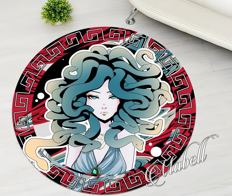 Medusa Round Rug, Medusa Art Themed Nonslip Area Rug, Snake Girl ...