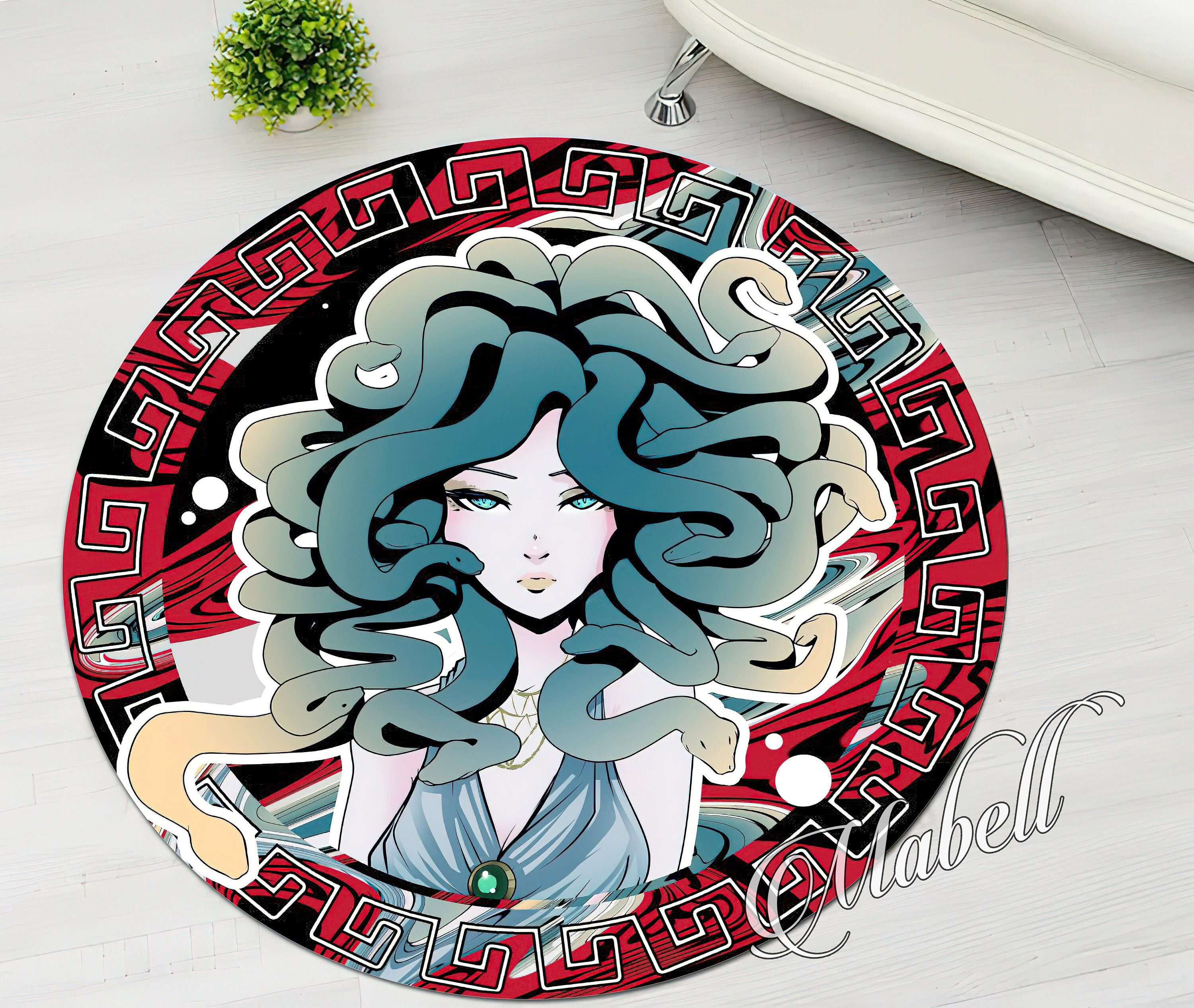 Medusa Round Rug, Medusa Art Themed Nonslip Area Rug, Snake Girl ...