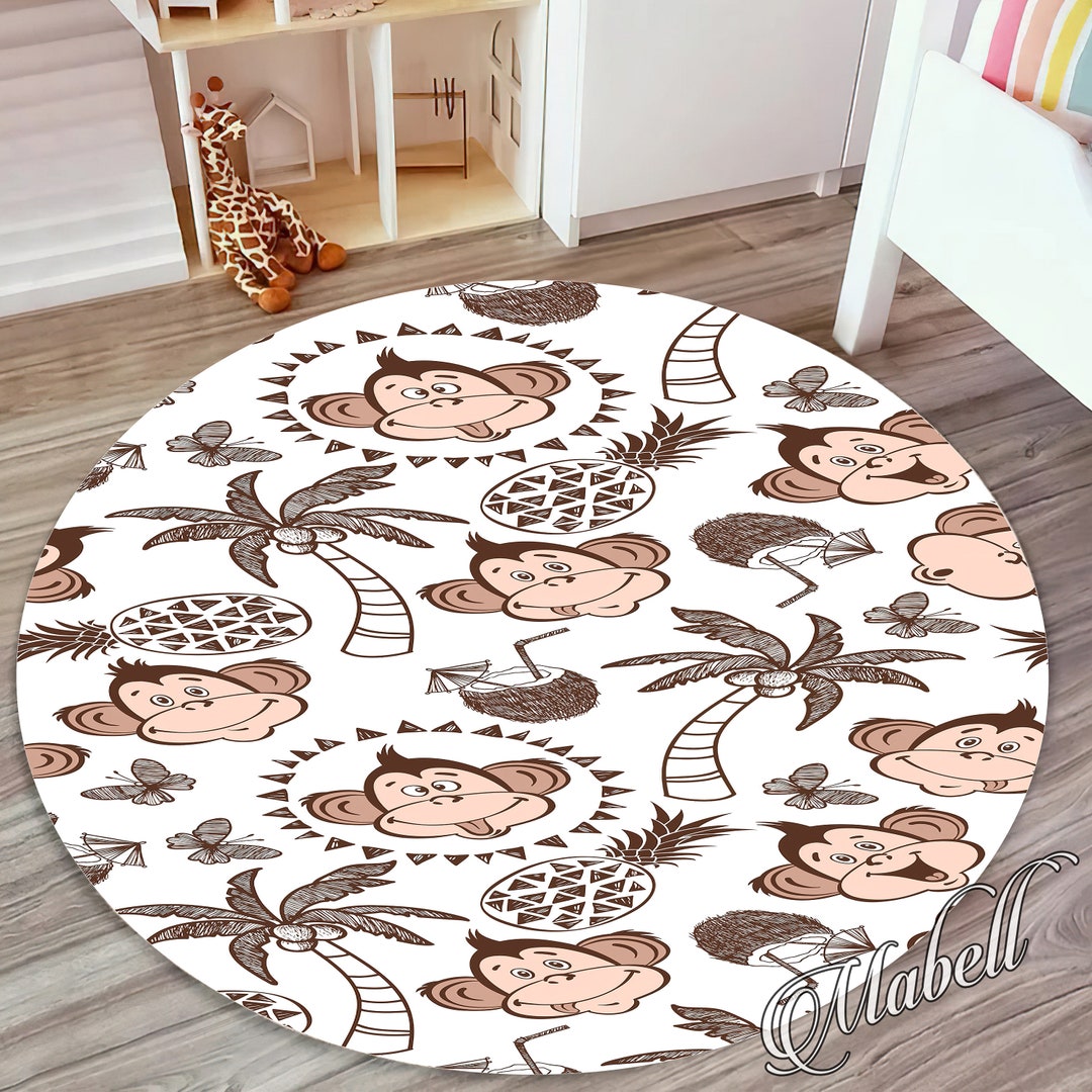 Nursery Round Rug, Cute Monkeys Palm Trees Coconut Themed Nonslip Rug ...