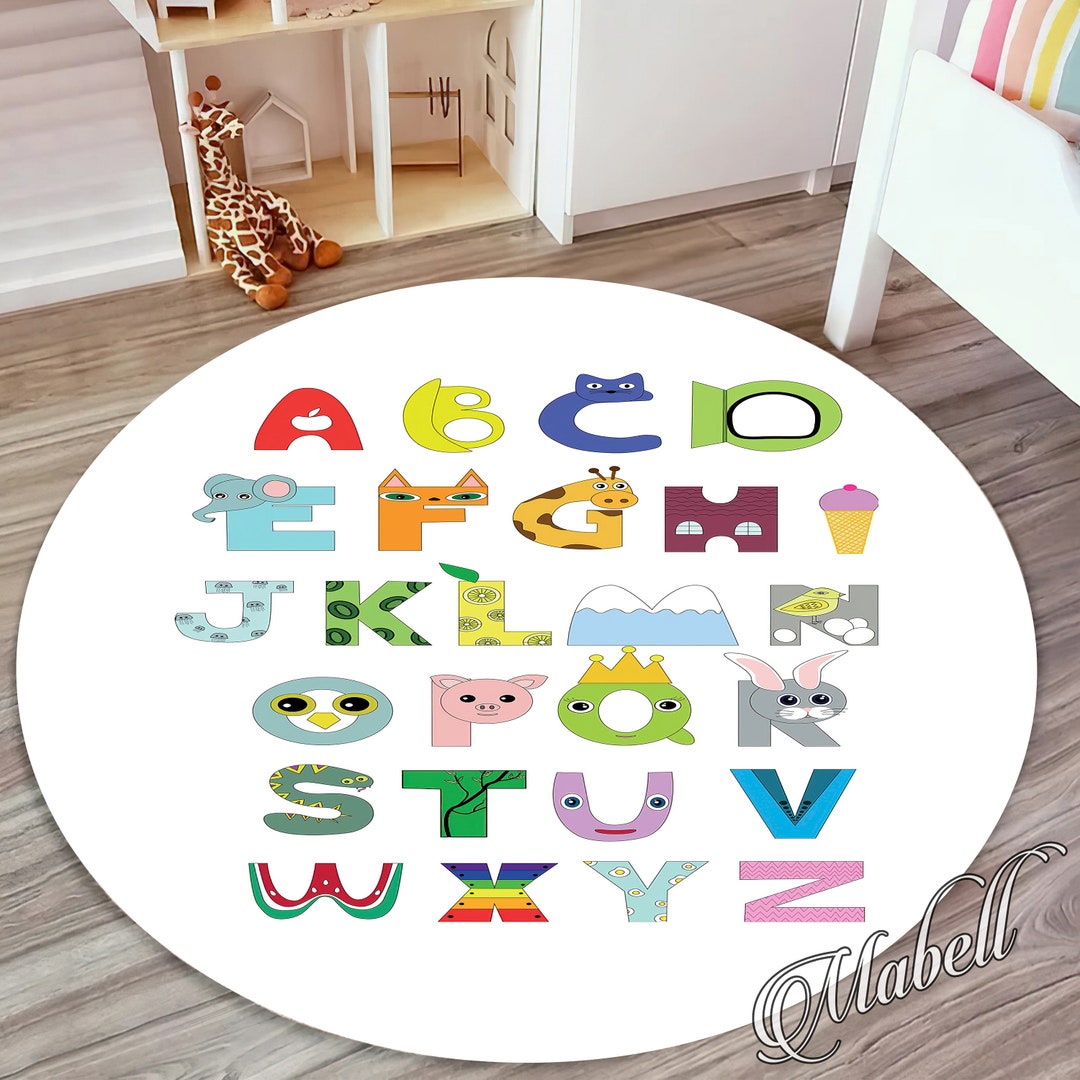 Letters Round Rug, Education Alphabet Themed Nonslip Rug, Cute Animal ...