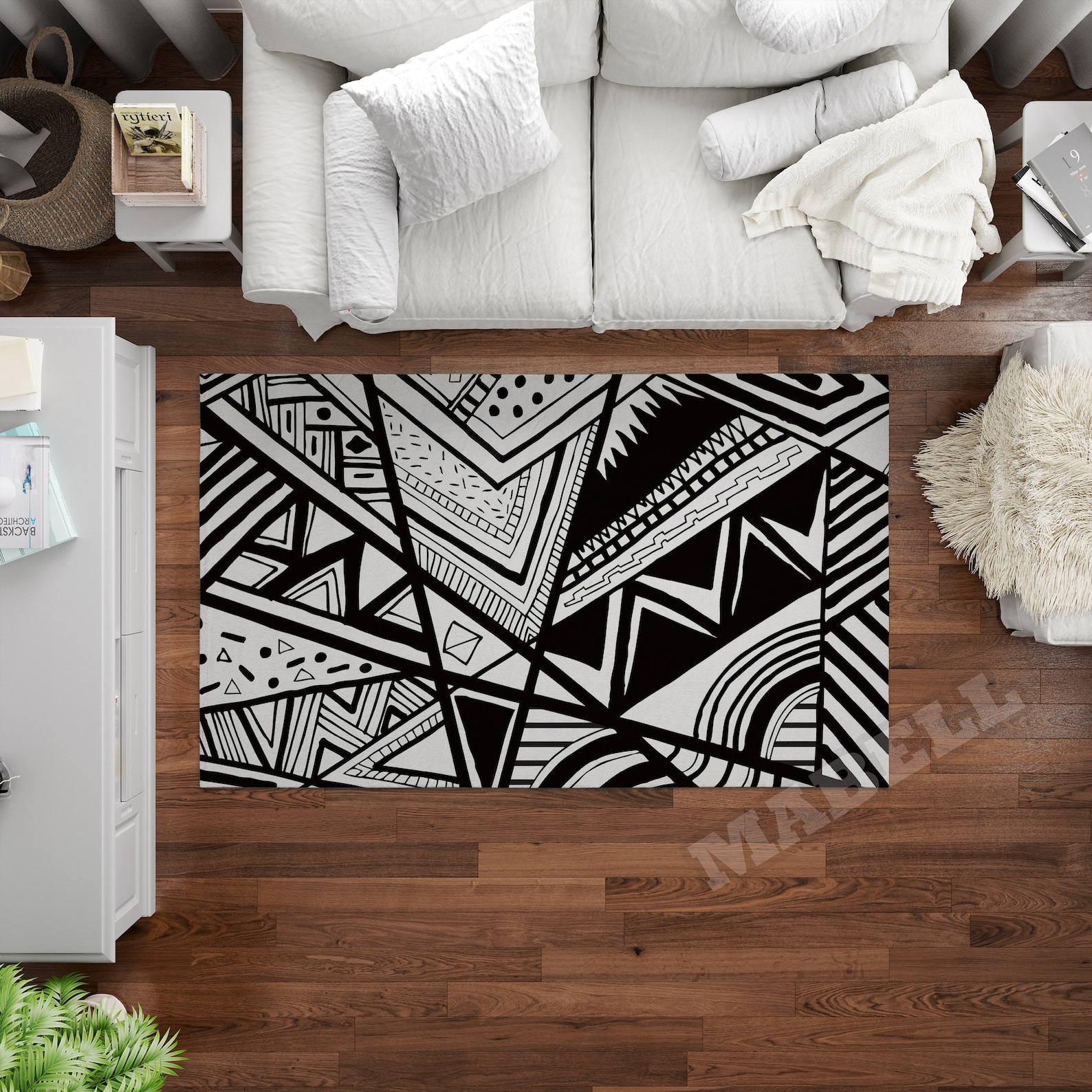Black White Doodle Drawing Rug, Geometric Pattern Nonslip Area Rug ...