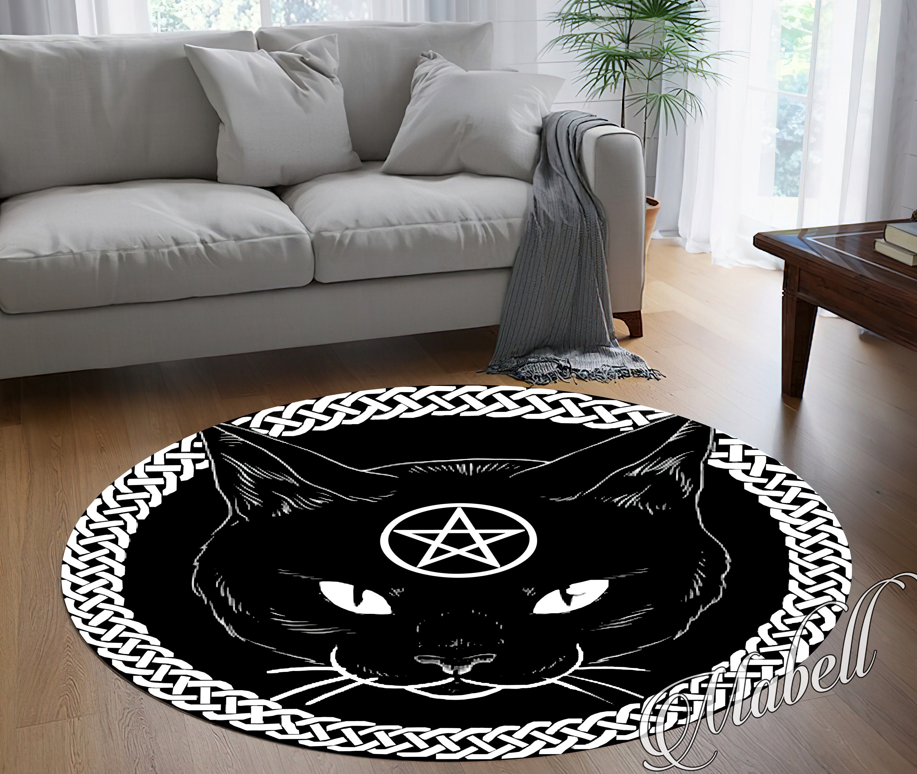 Black Cat Round Rug Black Cat Pentagram Themed Nonslip Area - Etsy