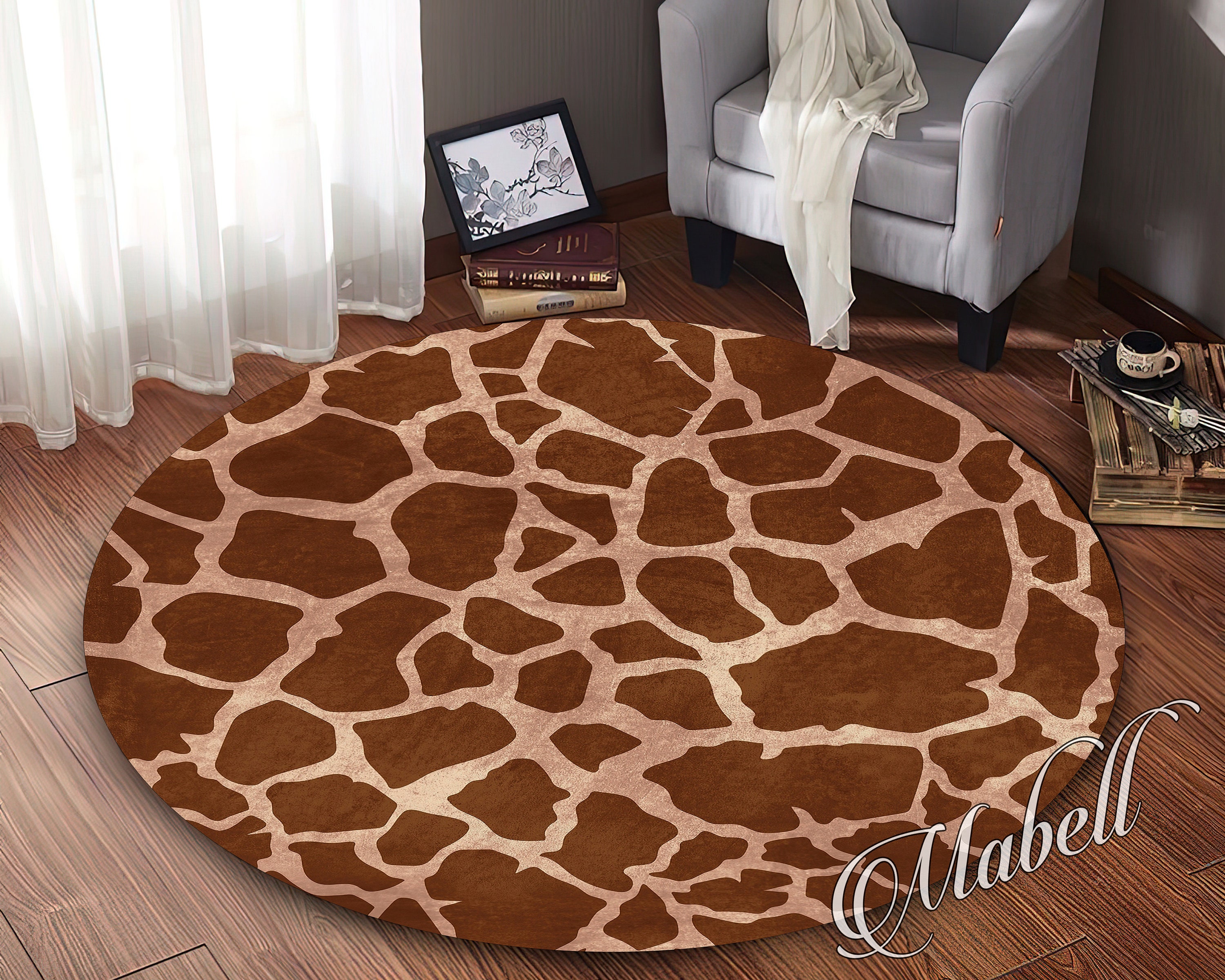 Giraffe Round Rug, Giraffe Spotted Themed Round Nonslip Area Rug, Brown ...