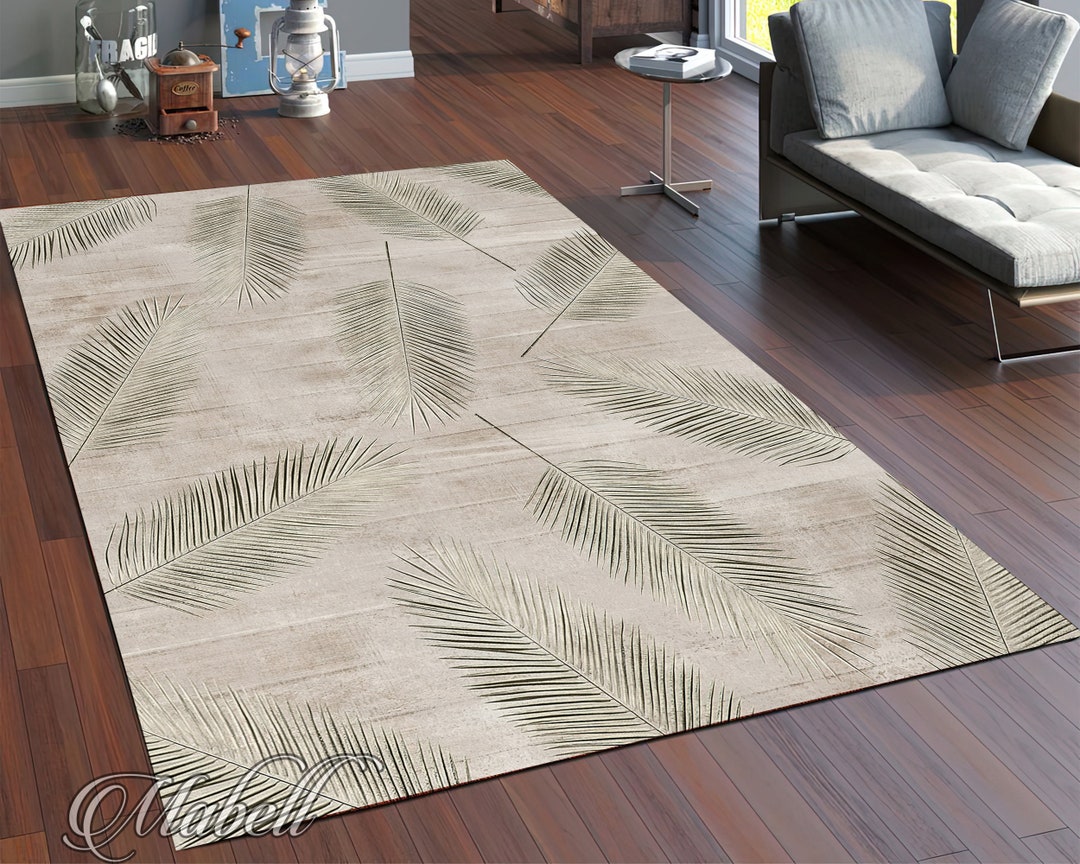 Tropical Rug, Palm and Leaves Themed Nonslip Area Rug, Beige Background ...