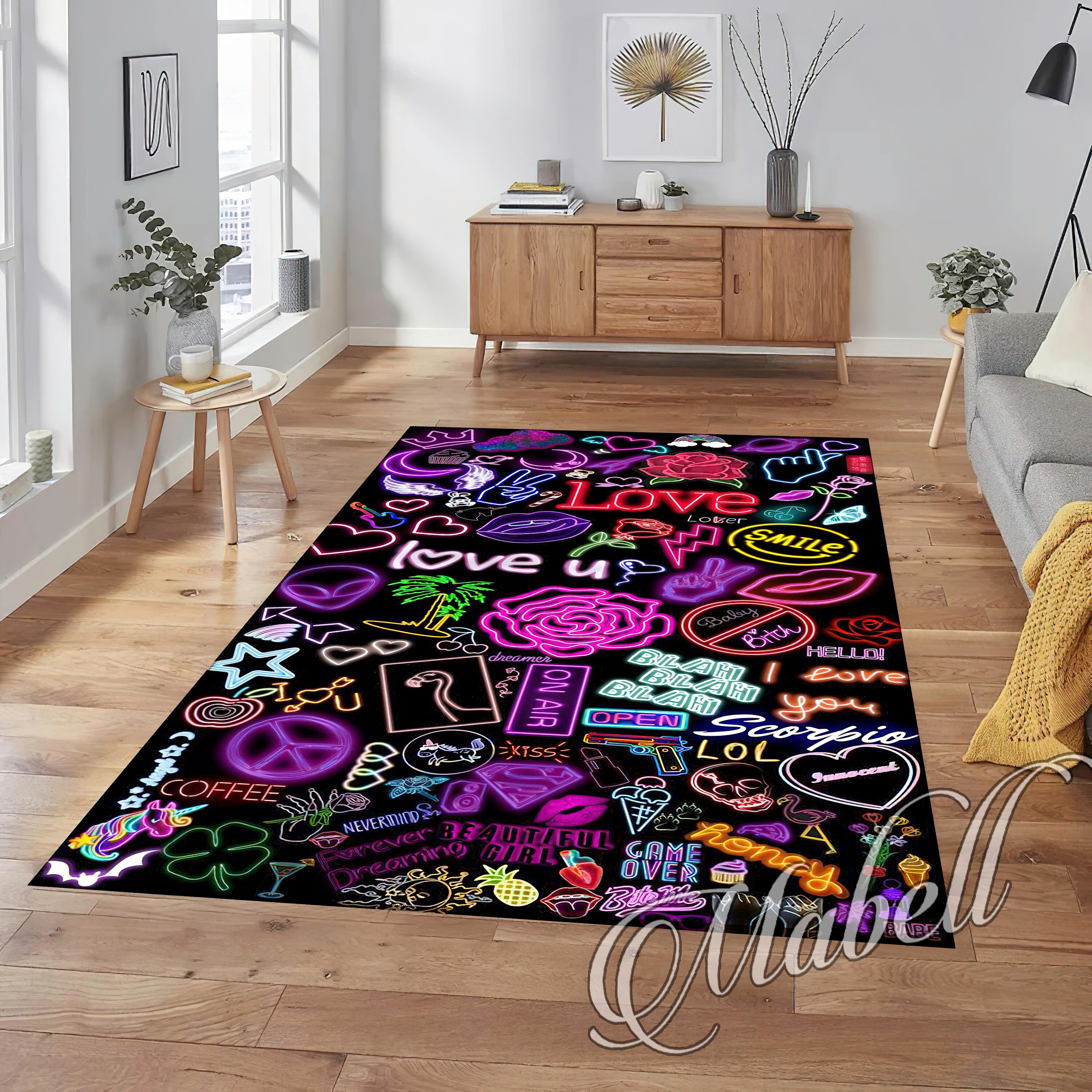 Neon Aesthetic Collage Signs Nonslip Area Rug LED Lights Love Hearts ...