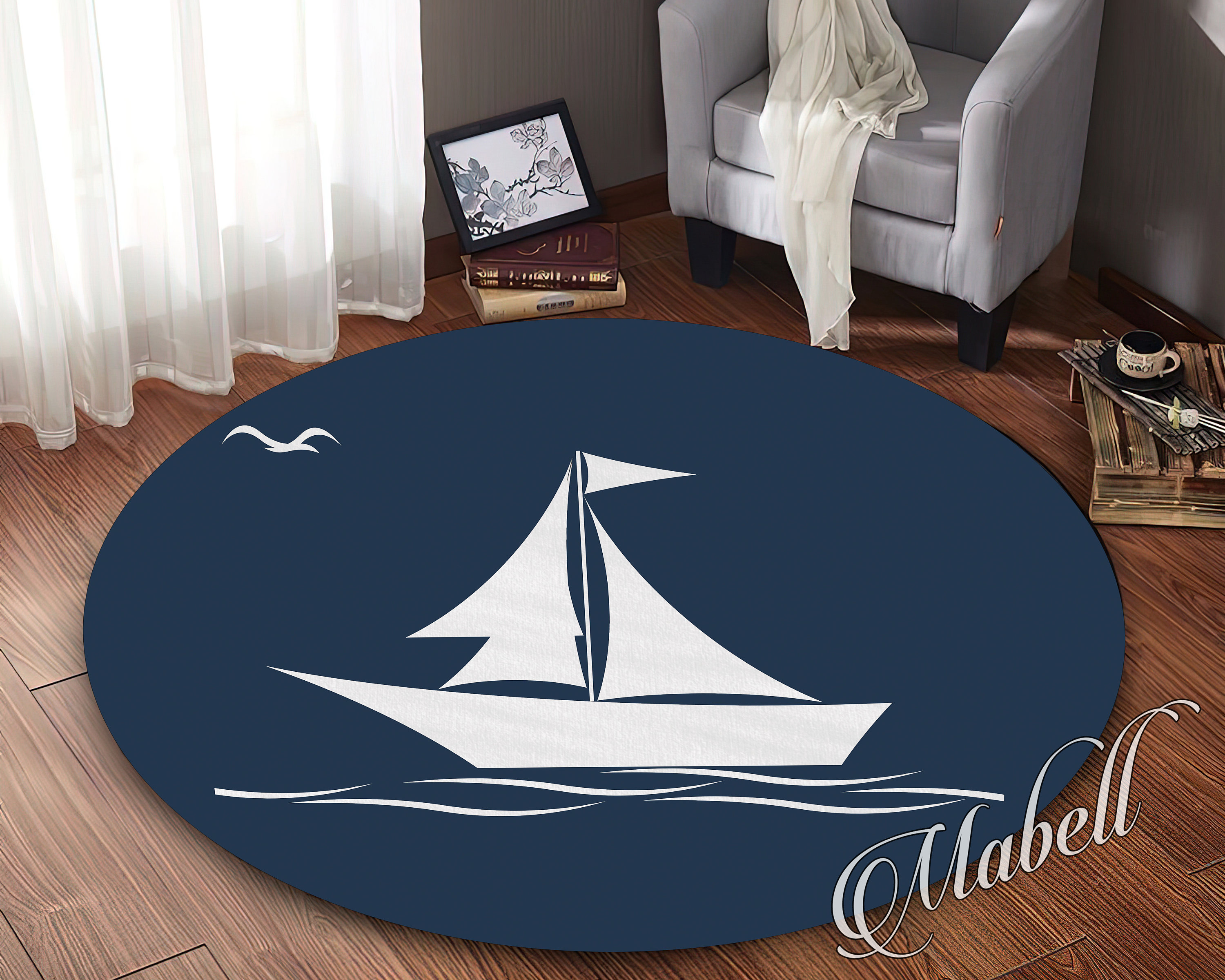 Boat Round Rug, Sailing Boatthemed Round Nonslip Area Rug, Blue White ...