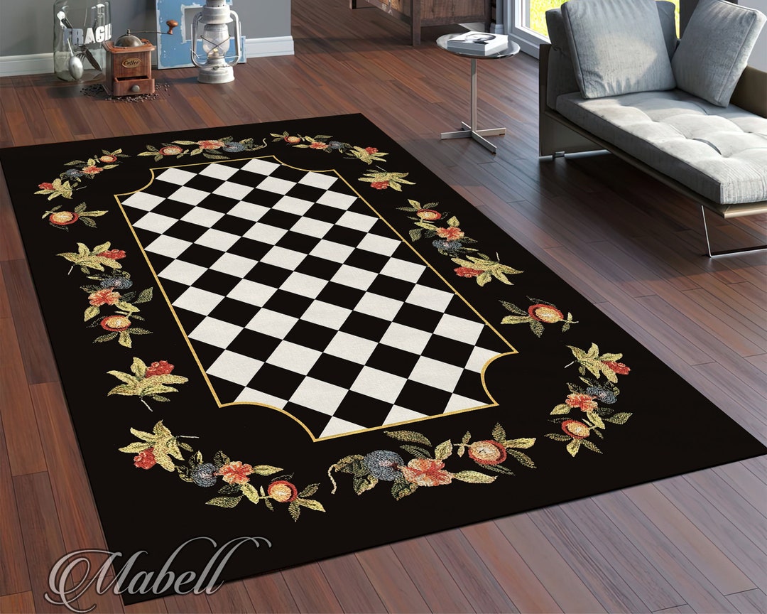 Checked Rug, Checked Pattern on Flowers Themed Nonslip Area Rug ...