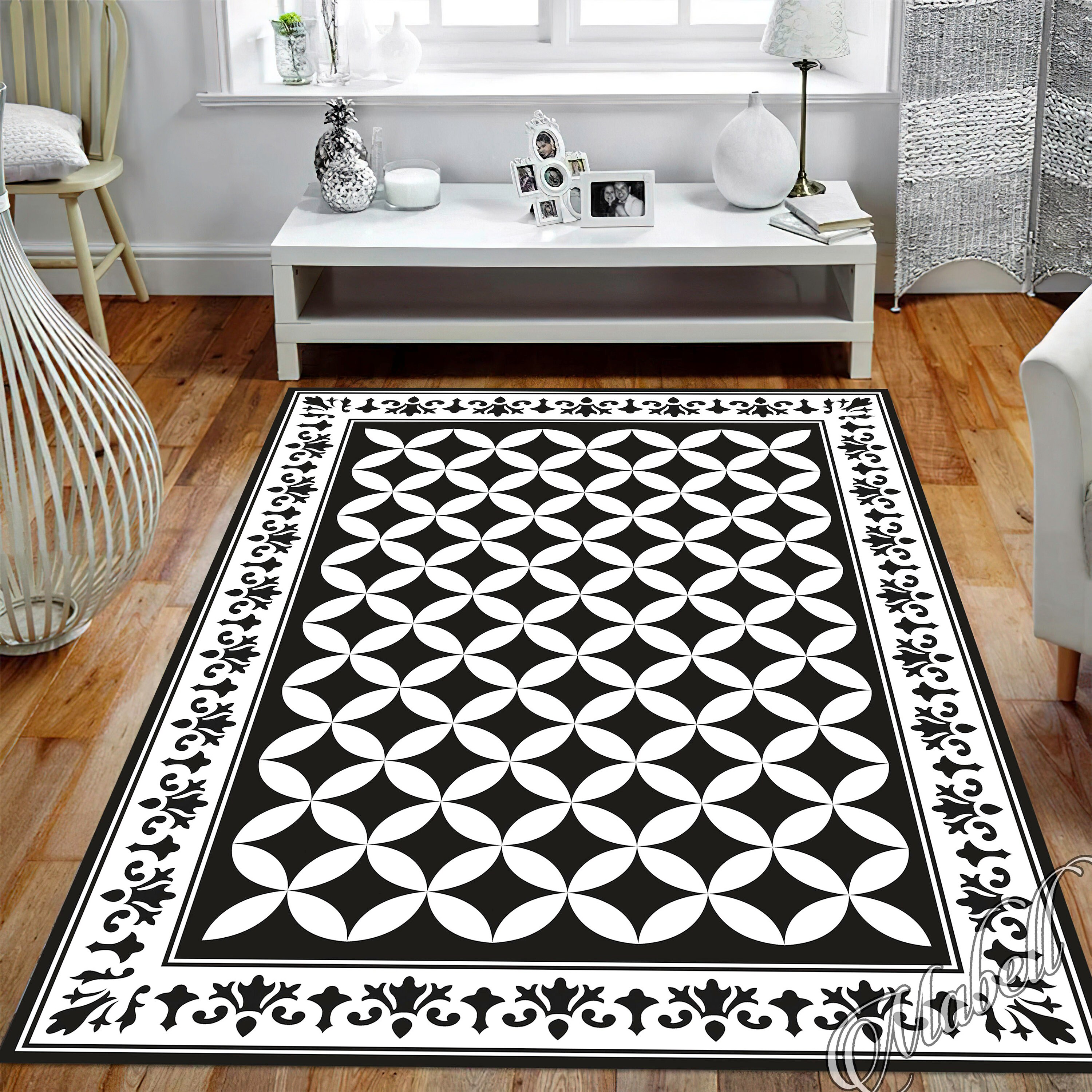 Border Rug Black White Border Geometric Pattern Nonslip Area - Etsy