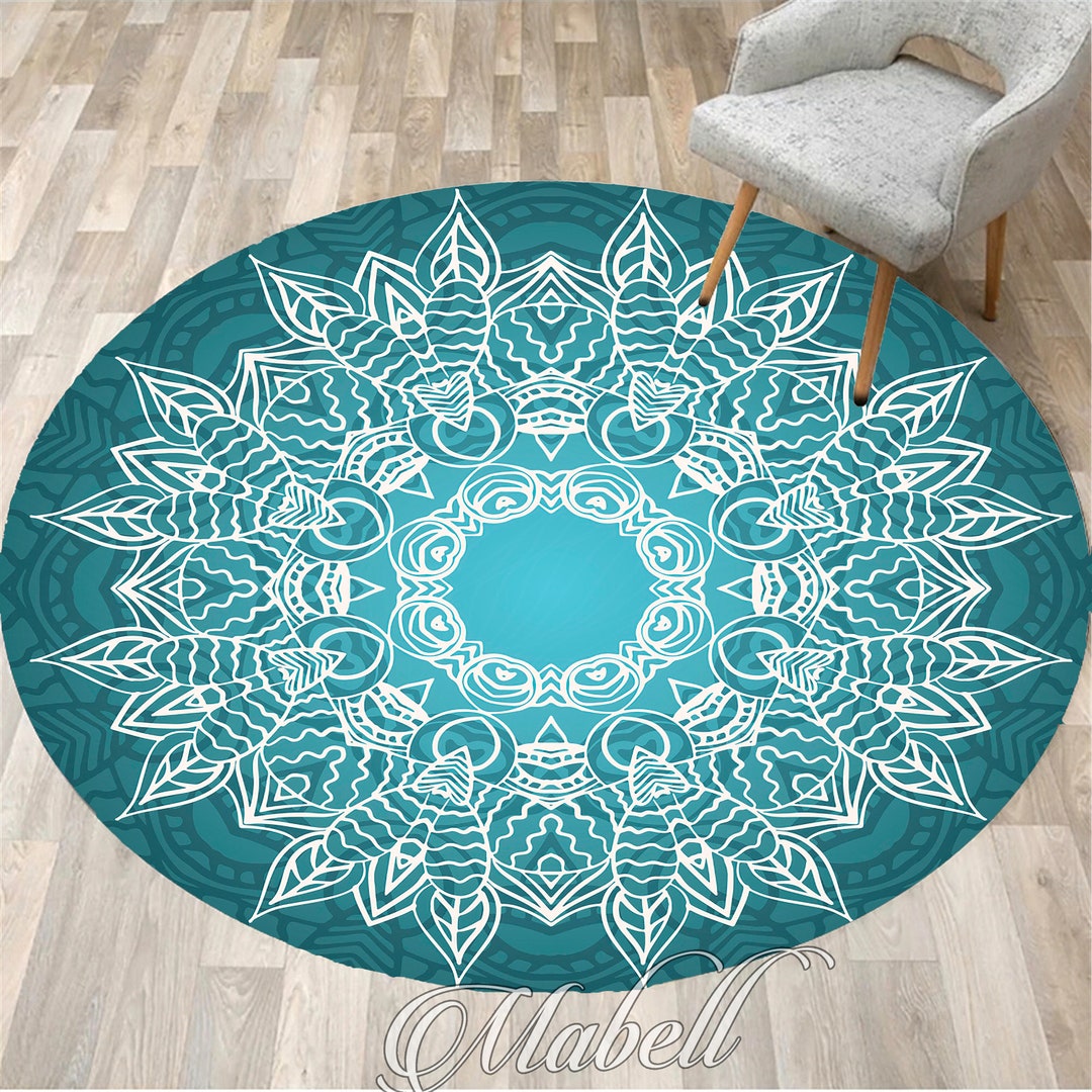 Mandala Round Rug, Circle Nonslip Area Rug, Turquoise Colors Mandala ...