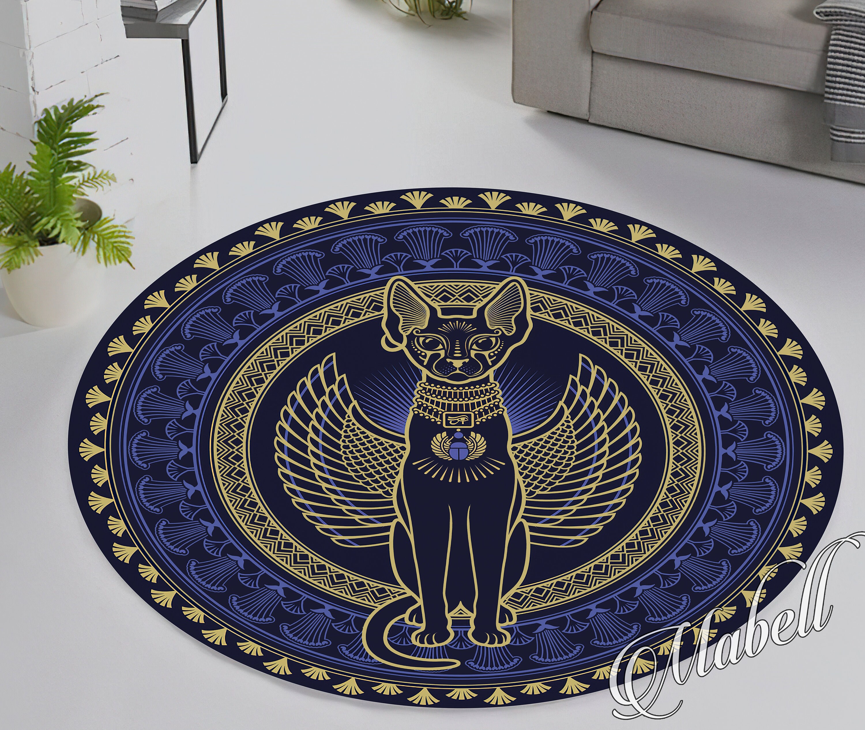Mythology Round Rug, Bastet Cat Themed Nonslip Area Rug, Egypt Rug ...