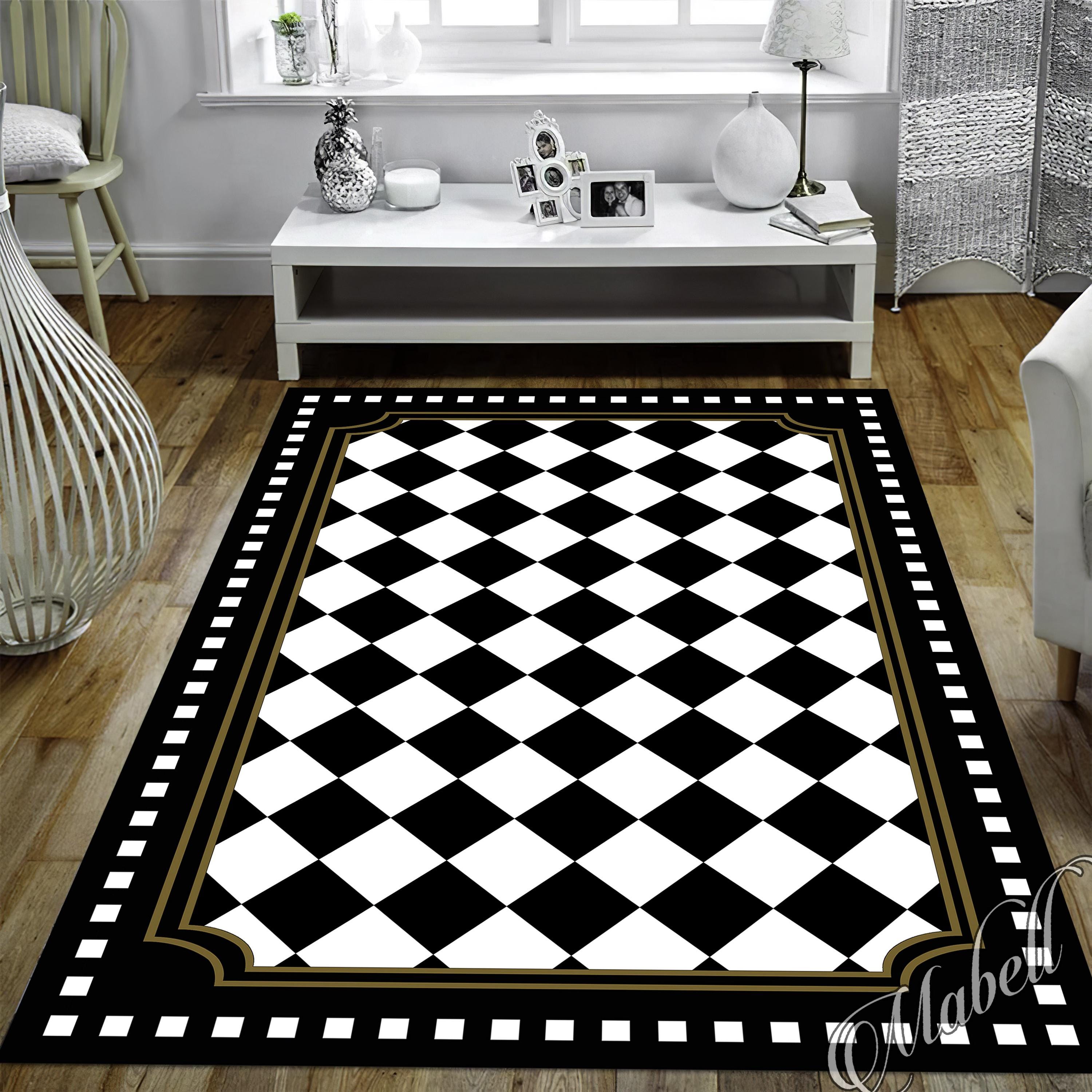 Black White Checkered Runner Rug With Gold Border Modern Geometric ...