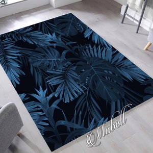 Blue Leaf Rug, Exotic Palm Dark Blue Leaves Themed Nonslip Area Rug ...
