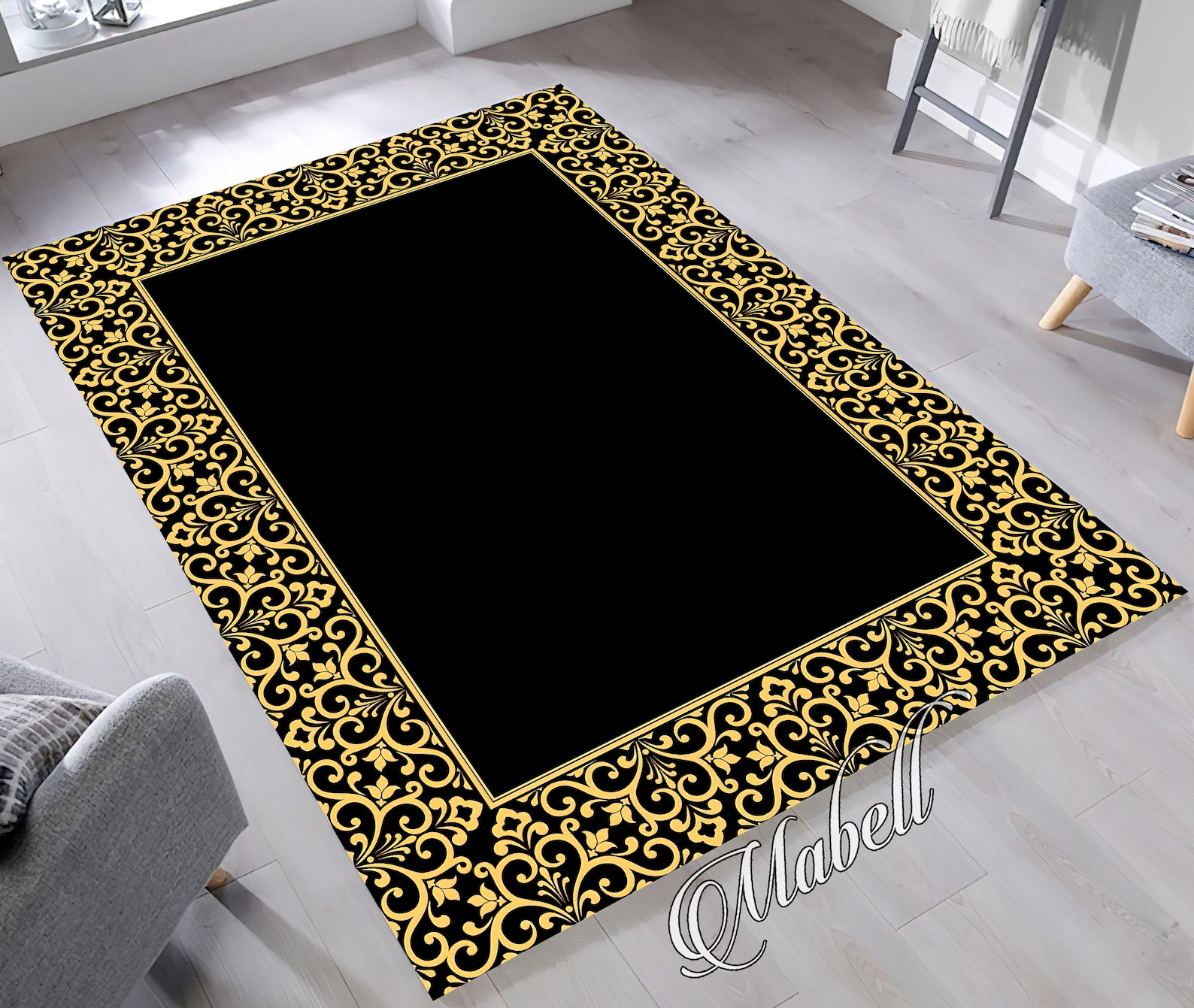 Bordered Rug, Motifs Gold Border on Black Pattern Nonslip Area Rug ...