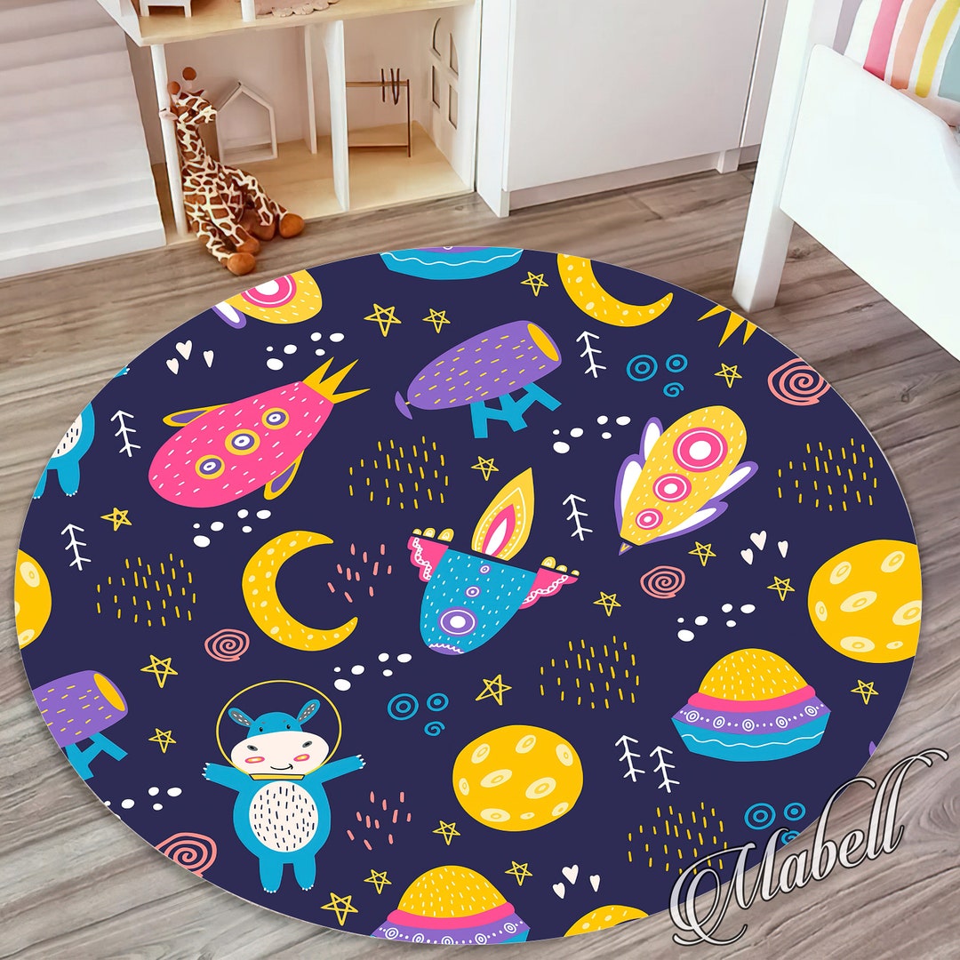 Space Nursery Round Rug, Space-suited Behemoth Planets Themed Nonslip ...