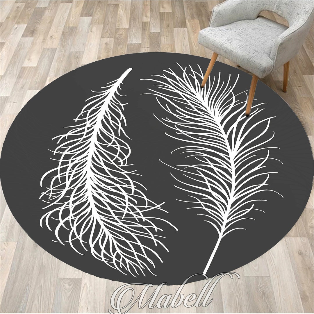 Feather Rug, Gray Feather Themed Round Nonslip Area Rug, Onedraw Circle ...