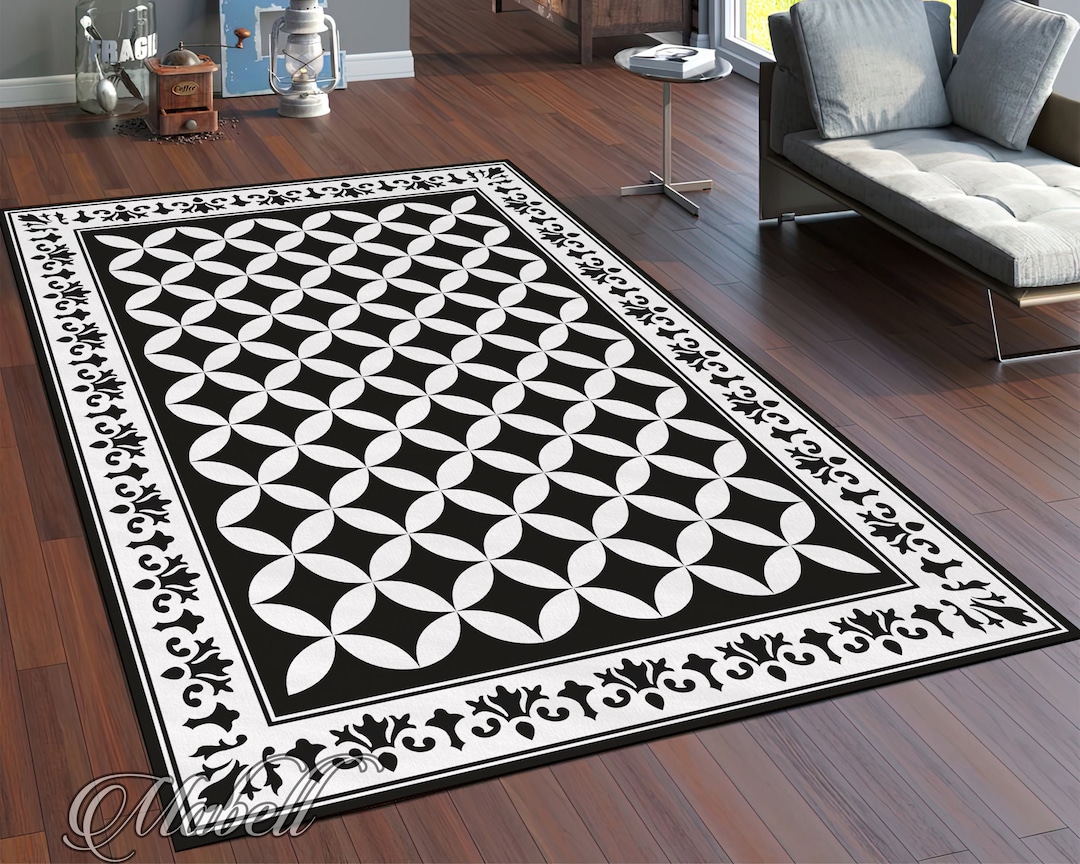 Border Rug, Black White Border Geometric Pattern Nonslip Area Rug ...