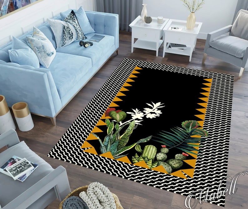 Plants Rug, Plants With Checked Border Pattern Nonslip Area Rug, Floral ...