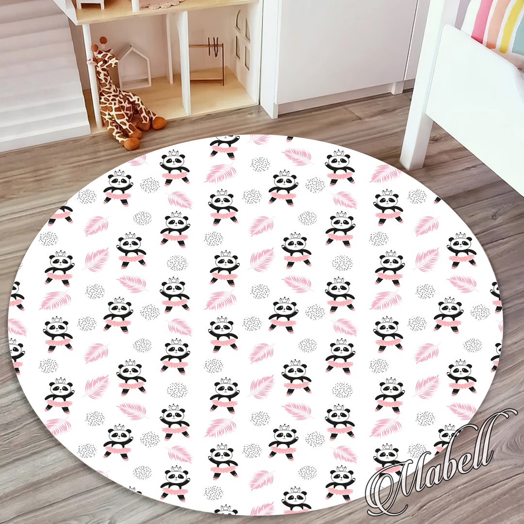 Panda Nursery Round Rug, Dancing Panda Themed Nonslip Area Rug, Animal ...