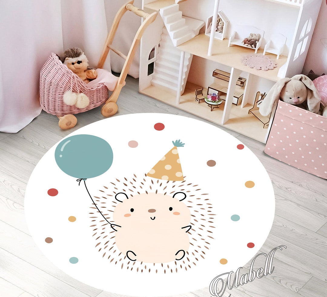 Hedgehog Nursery Round Rug, Cute Hedgehog Themed Nonslip Area Rug ...
