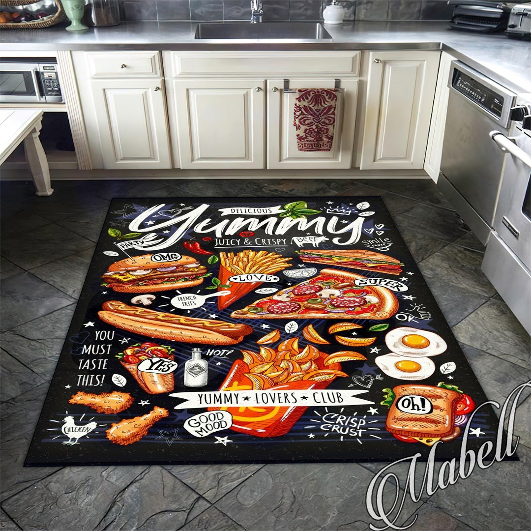 Fast Foods Rug, Yummy Fast Foods Themed Nonslip Area Rug, Kitchen Rug ...