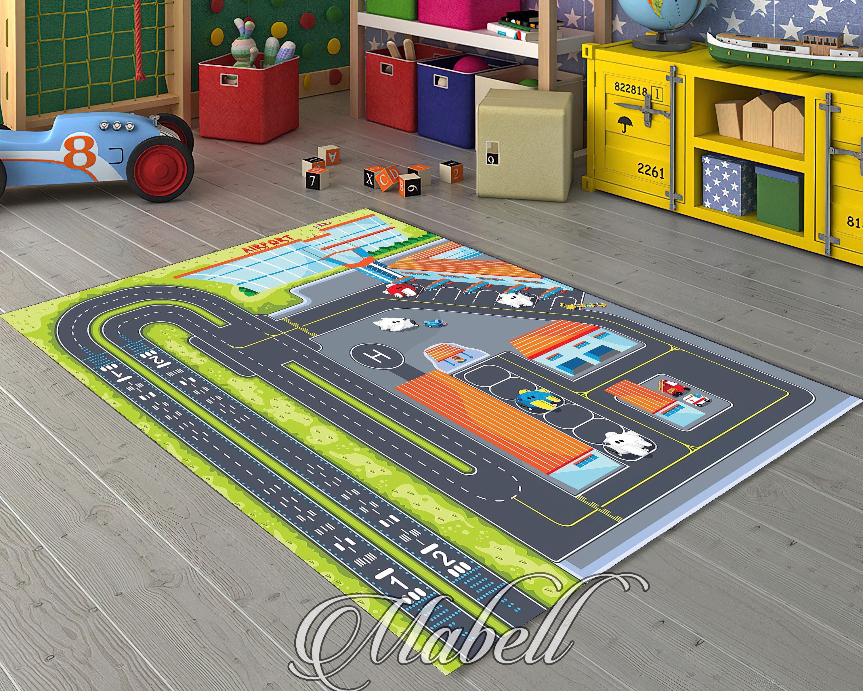 Airport Nursery Rug, Plane Road Themed Nonslip Area Rug, Kids Room Rug ...