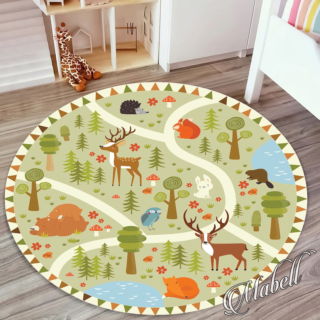 Safari Nursery Round Rug, Cute Deer Themed Nonslip Area Rug, Playmat ...