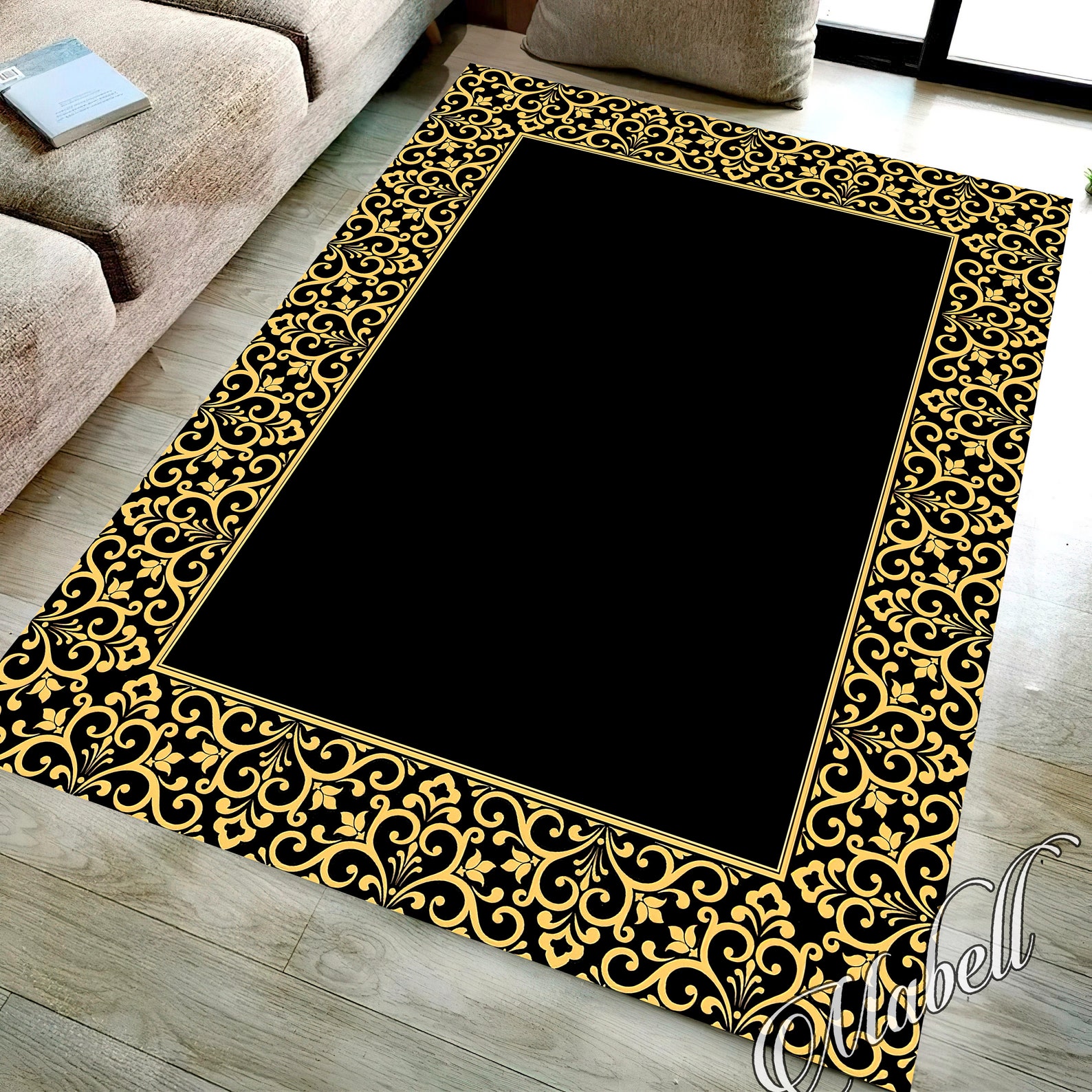 Bordered Rug, Motifs Gold Border on Black Pattern Nonslip Area Rug ...