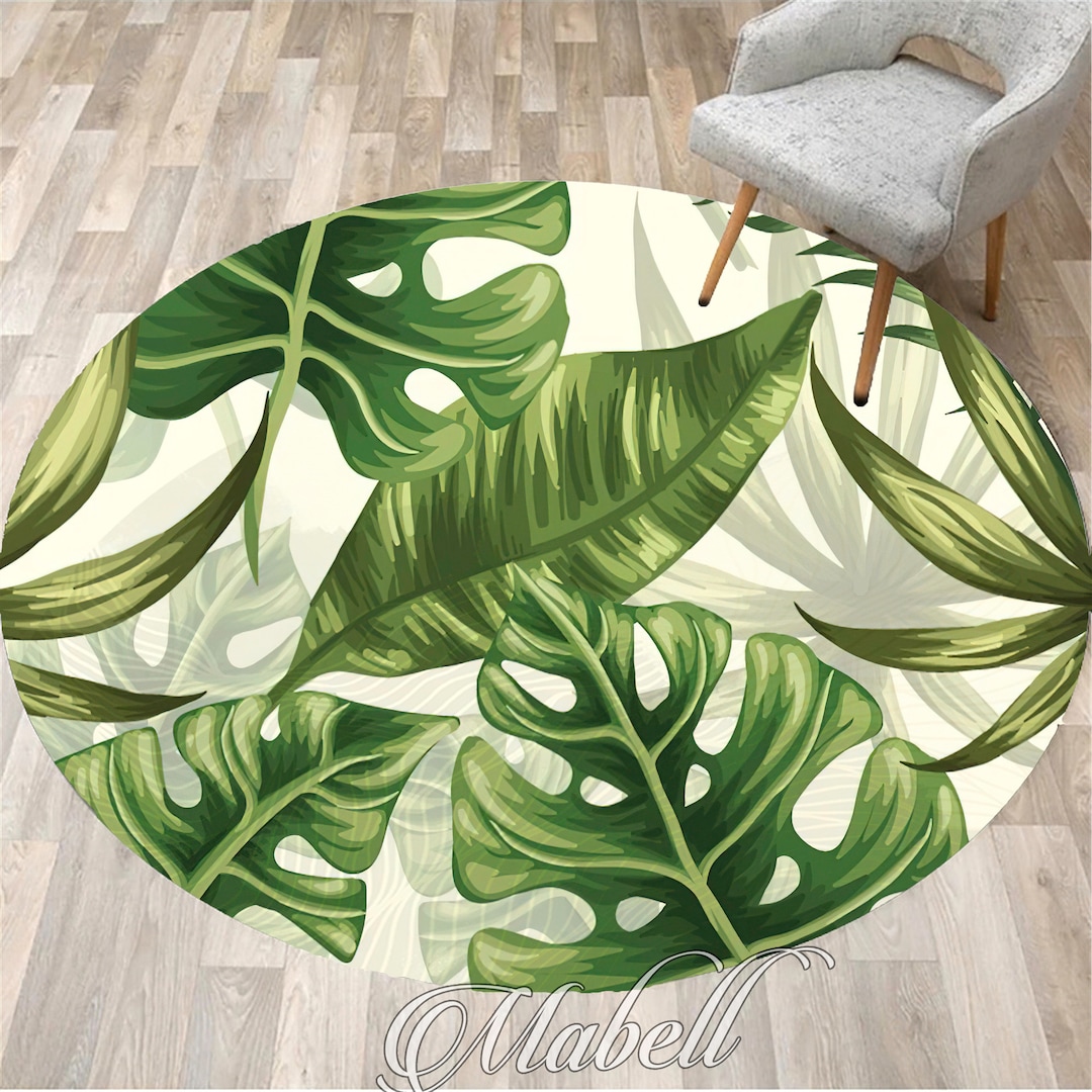 Monstera Plant Round Rug, Green Monstera Leaf Themed Nonslip Area Rug ...