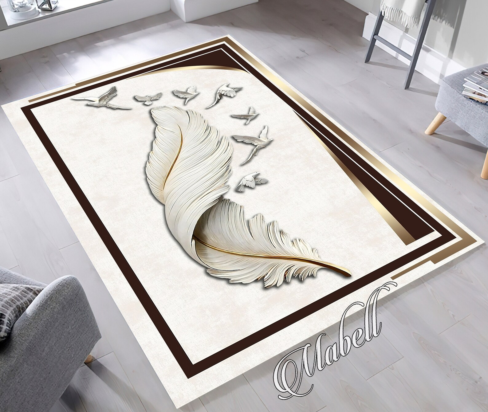 Feather Rug, White Feather Godl Border Themed Nonslip Area Rug, Plant ...