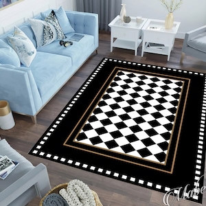 Checkered Rug, Black Border on Check Pattern Nonslip Area Rug, Black ...