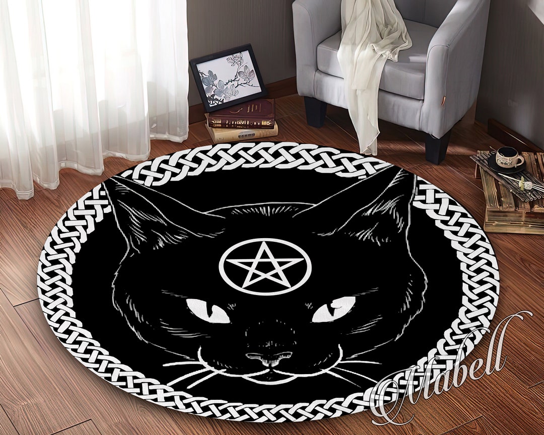 Black Cat Round Rug, Black Cat Pentagram Themed Nonslip Area Rug ...